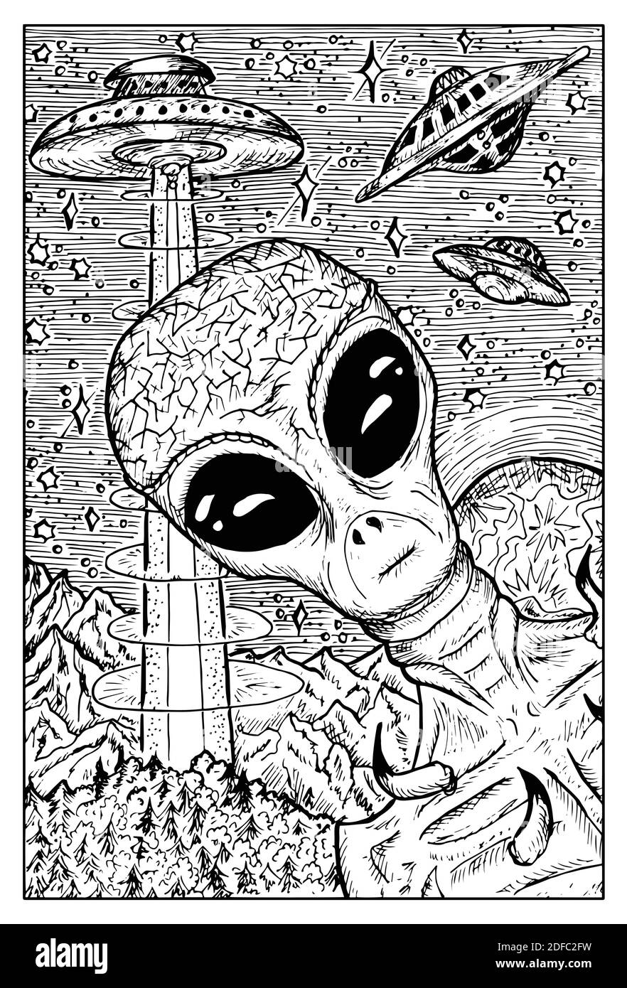 Alien. Engraved black and white Fantasy illustration with mythological ...