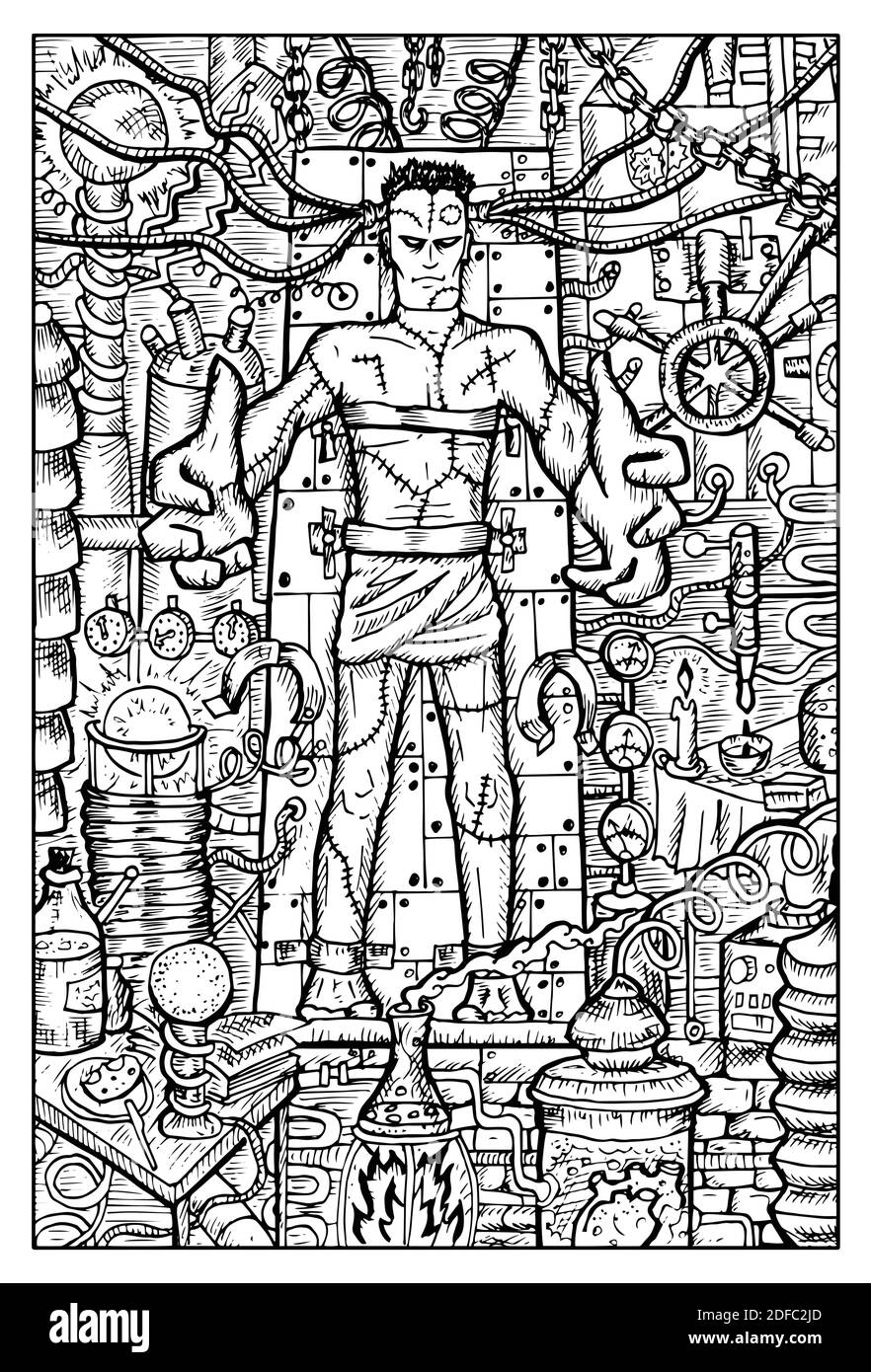 Frankenstein. Engraved black and white Fantasy illustration with ...
