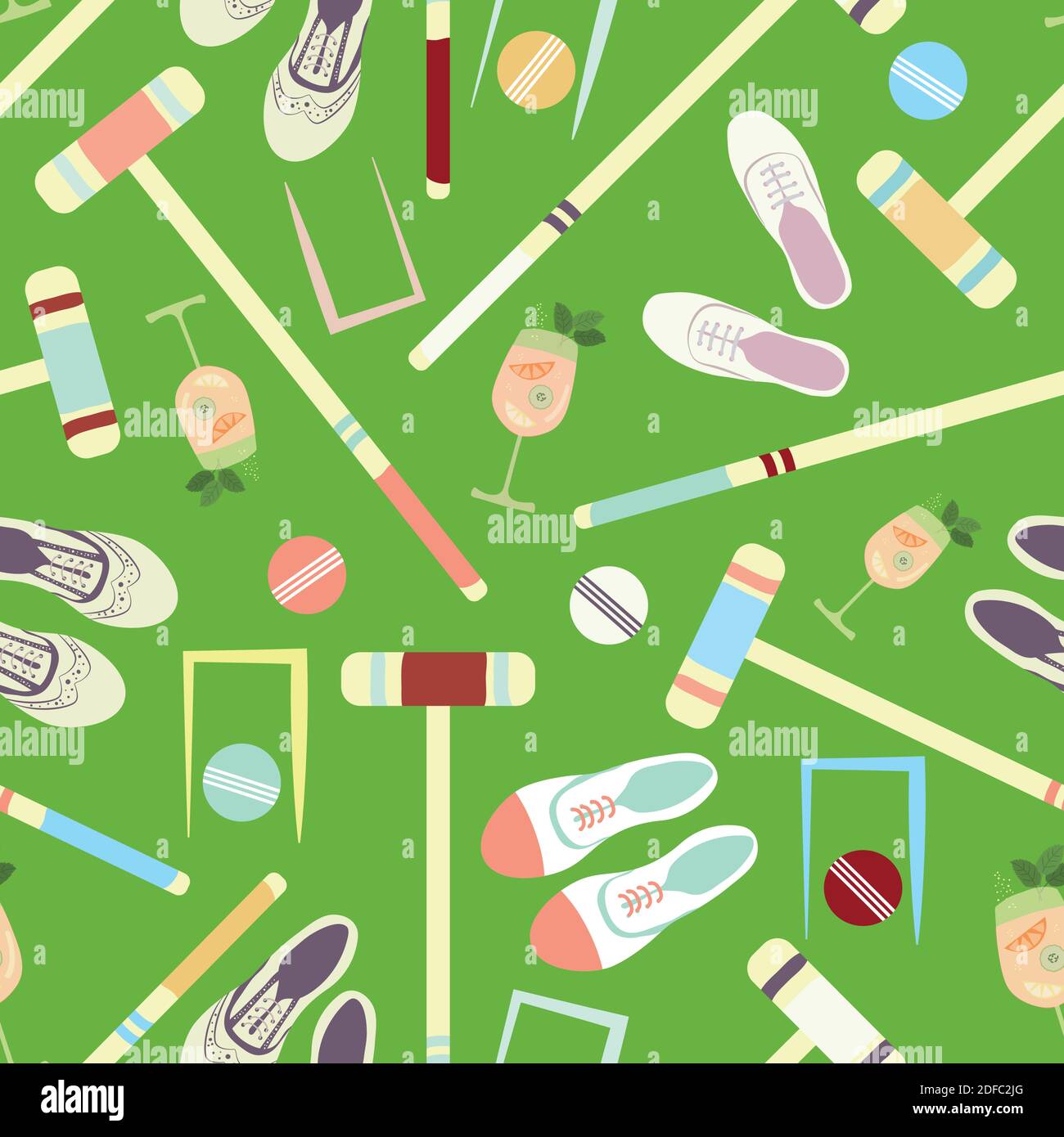 Croquet game seamless vector pattern background. Fun repeat of mallets ...