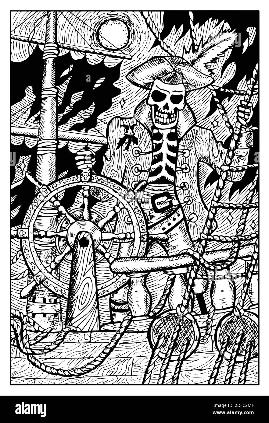Skeleton Pirate. Engraved black and white Fantasy illustration with ...