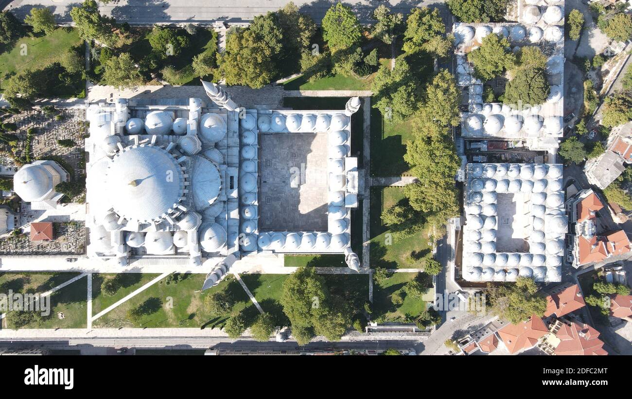 An aerial shot of Suleymaniye Islamic Muslim Mosque in Istanbul, Turkey ...