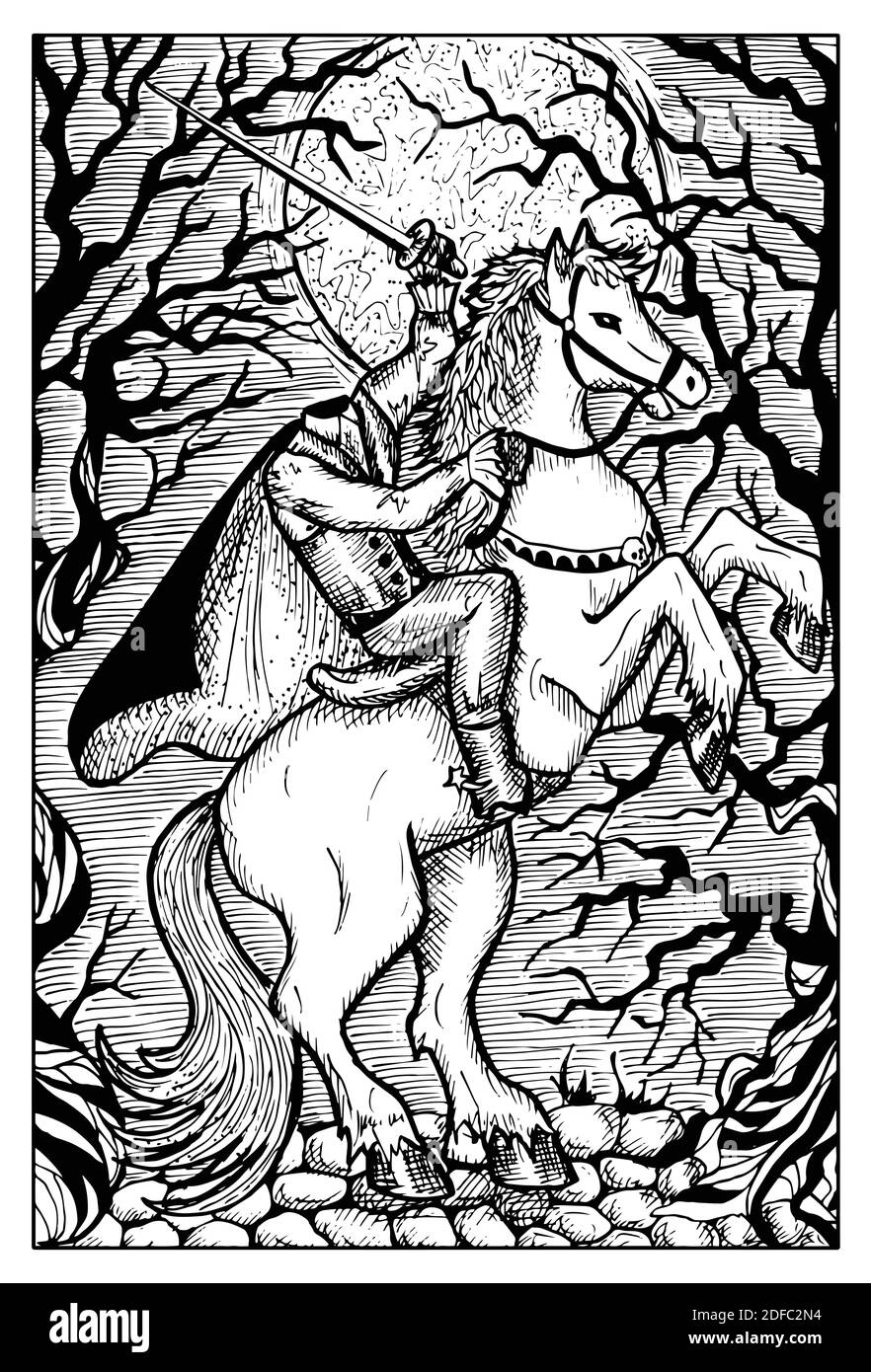 The headless horsman. Engraved black and white Fantasy illustration ...