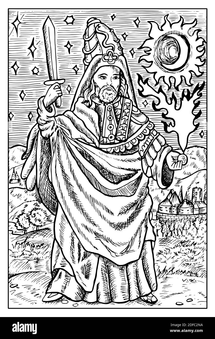 Magician. Engraved black and white Fantasy illustration with ...