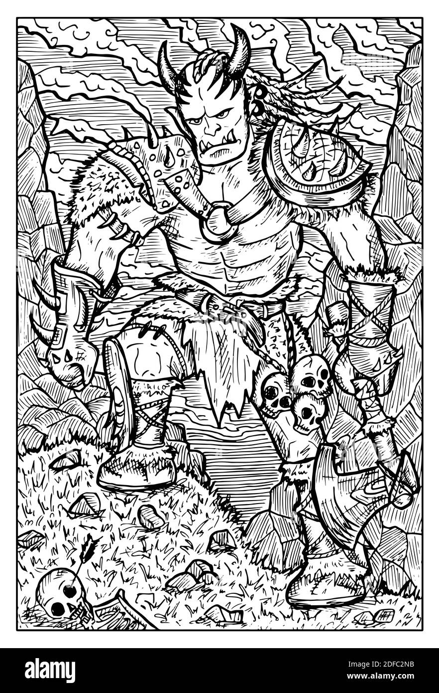 Orc. Engraved black and white Fantasy illustration with mythological ...