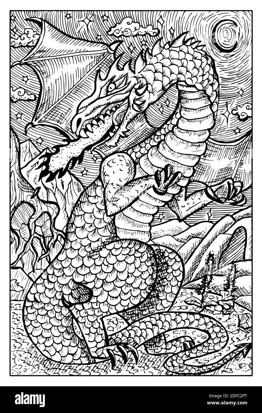 Dragon. Engraved black and white Fantasy illustration with mythological ...