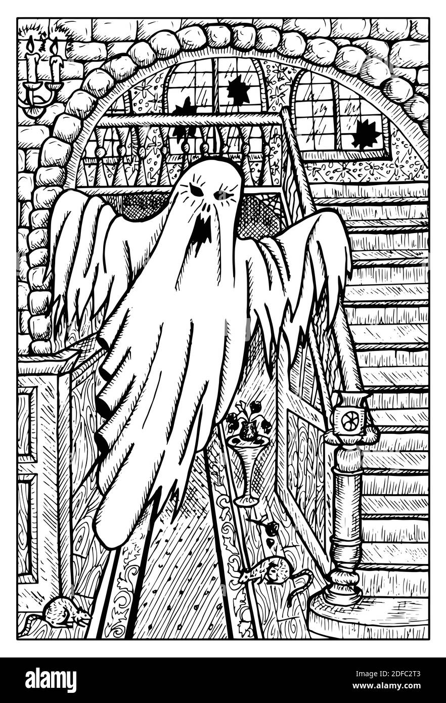 Ghost. Engraved black and white Fantasy illustration with mythological ...