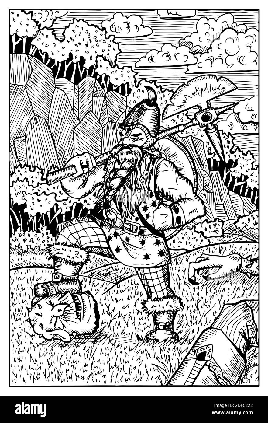 Dwarf. Engraved black and white Fantasy illustration with mythological ...