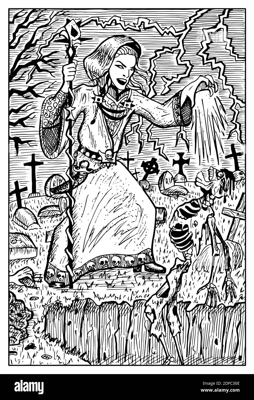 Warlock. Engraved black and white Fantasy illustration with ...