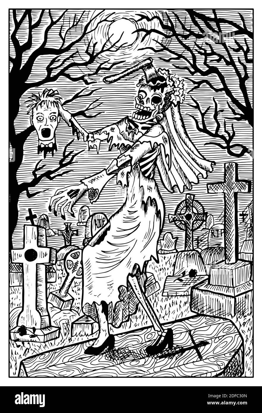 Zombie. Engraved black and white Fantasy illustration with mythological ...
