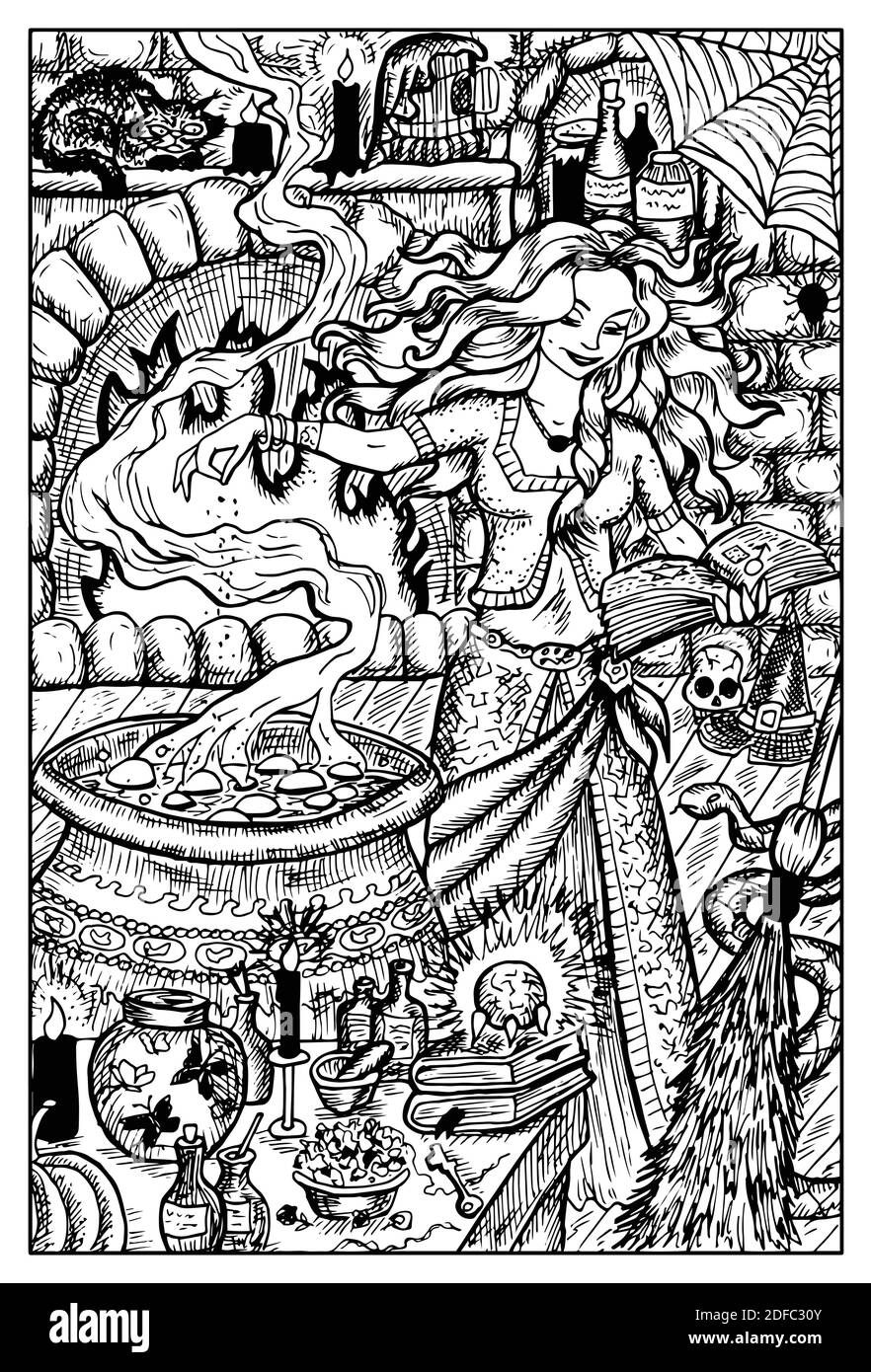 Witch. Engraved black and white Fantasy illustration with mythological ...