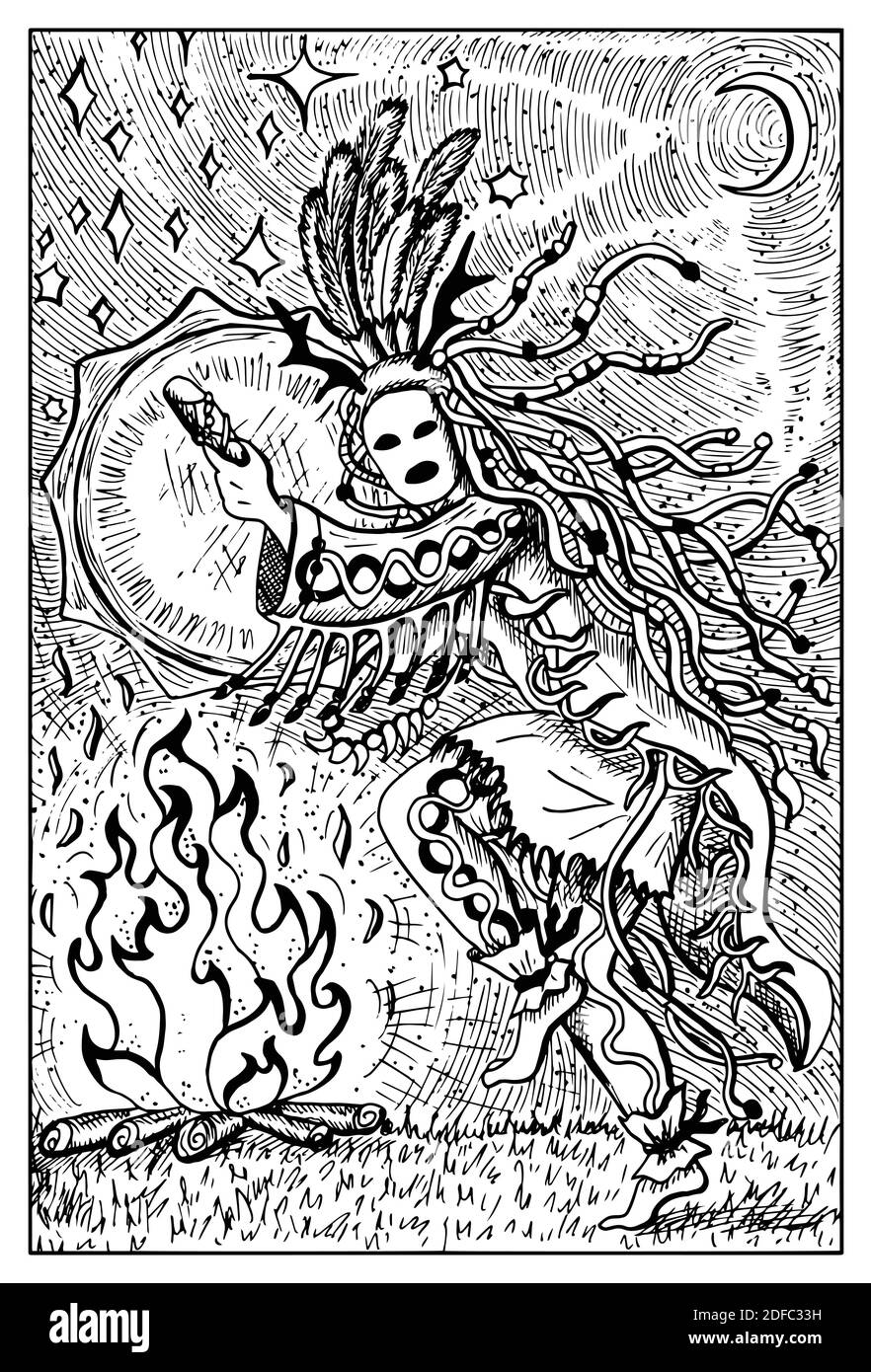 Shaman, Engraved black and white Fantasy illustration with mythological ...