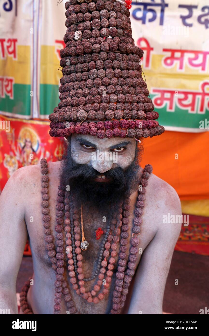 India, Uttar Pradesh, Allahabad, Sangam, portrait of a naga baba (sadhu ...