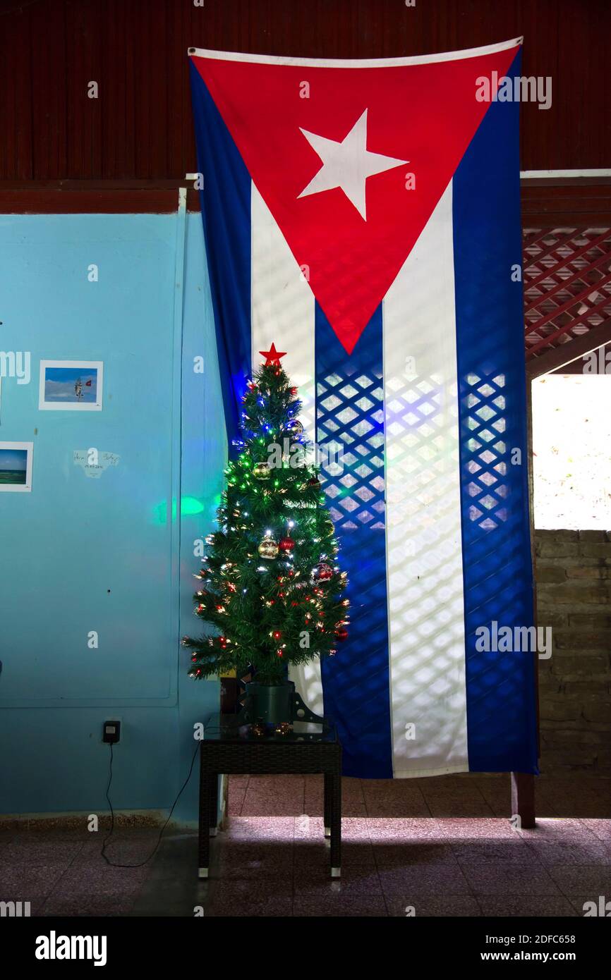 Cuba, Cuban national flag with Christmas tree Stock Photo - Alamy