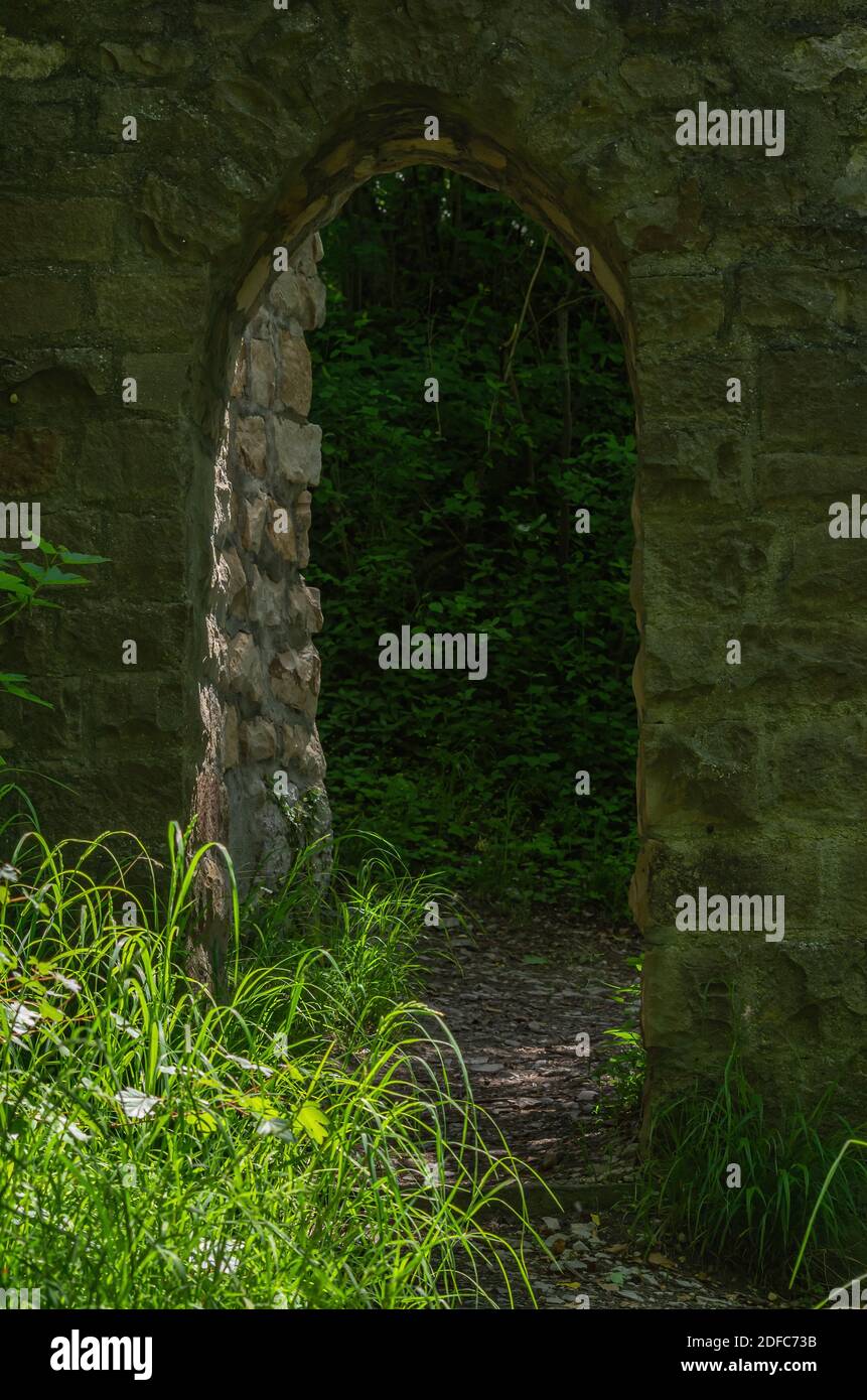 Archway in a medieval castle wall with sunlit grasses at the margins ...