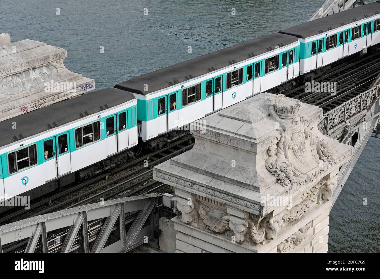 France, Paris, aerial metro crossing the Seine at the level of the ...