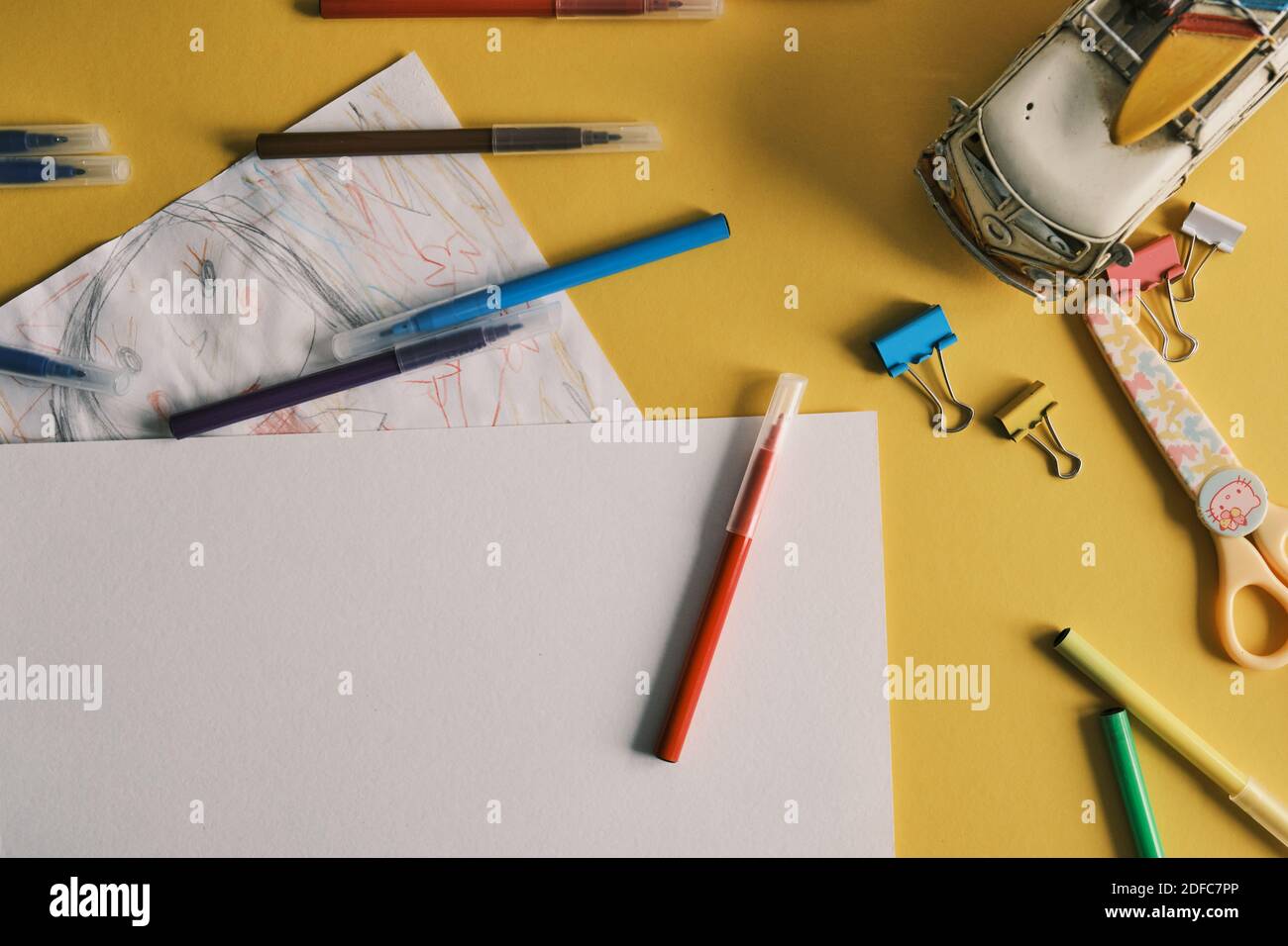 Kids homework color workspace . Creative kods desk view with copy space ...