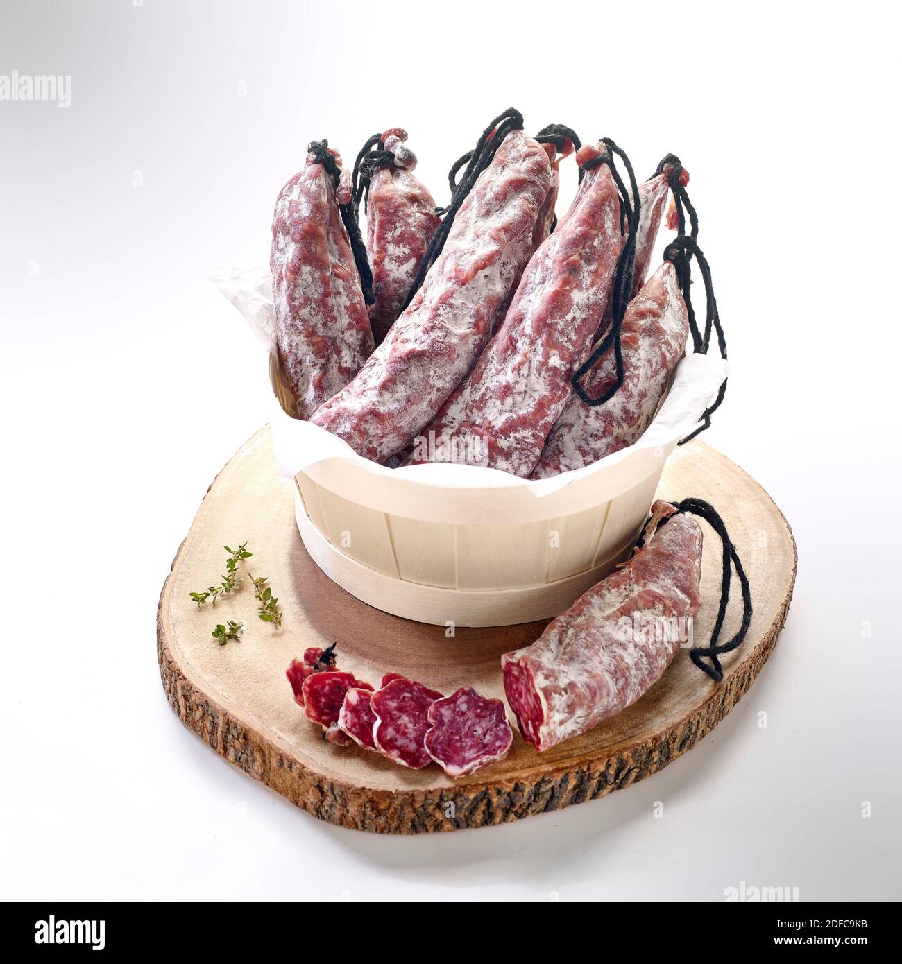 Dry sausage of pork red label Stock Photo - Alamy