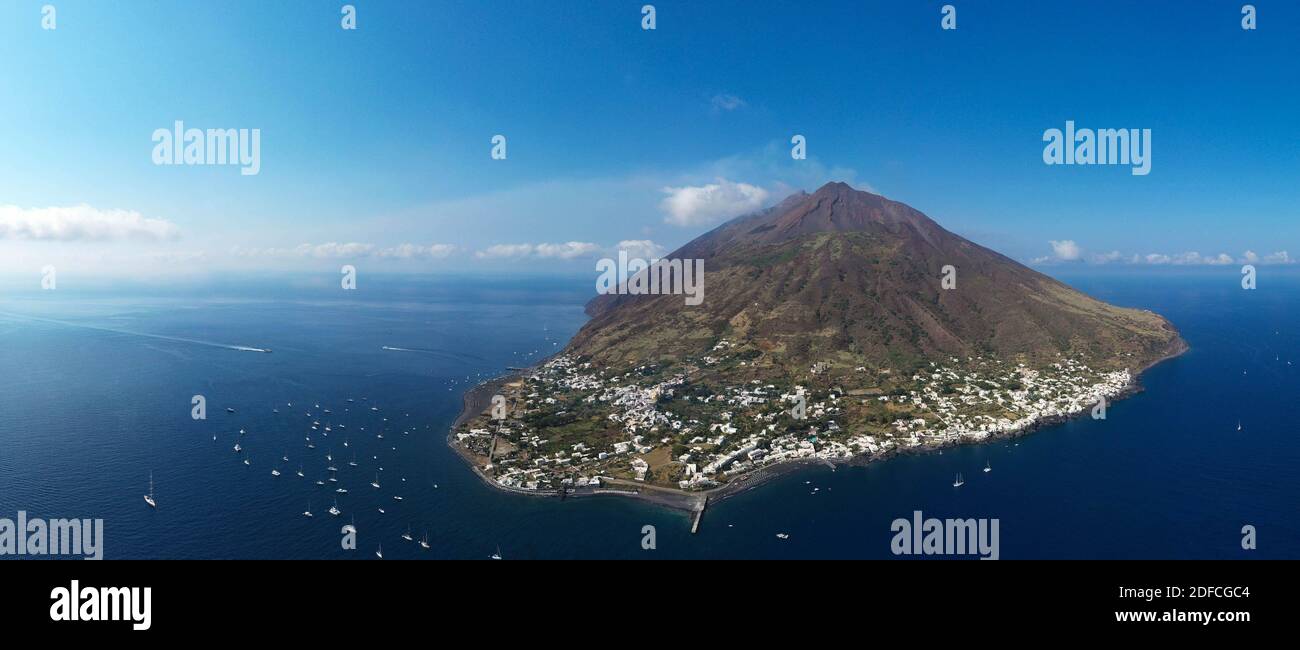 Stromboli island and vulcano in a aerial panoramic view Stock Photo - Alamy