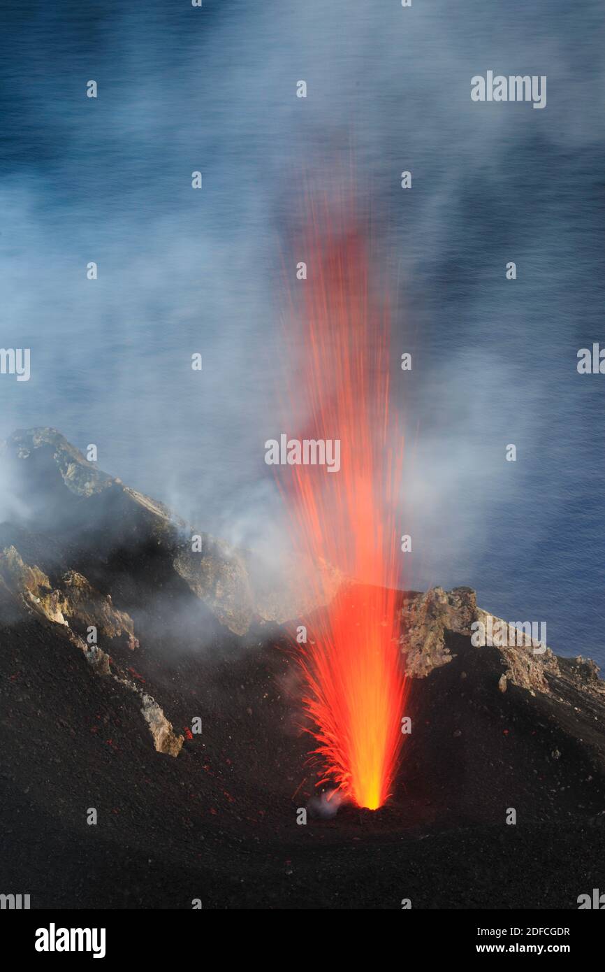 Stromboli splash lava explosion with sea as background Stock Photo - Alamy