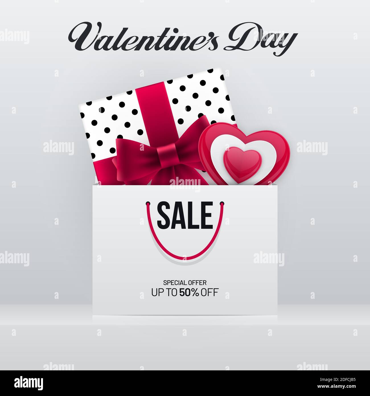 Valentines Day sale poster design with gift box and heart shape in ...