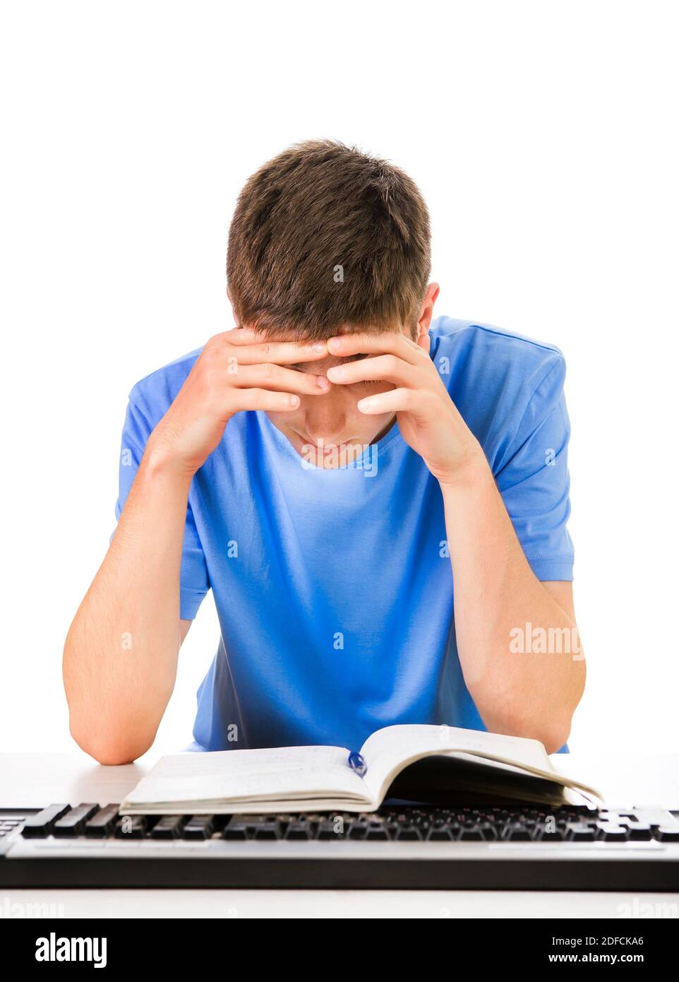 Troubled Student at the Writing Table on the White Background Stock ...