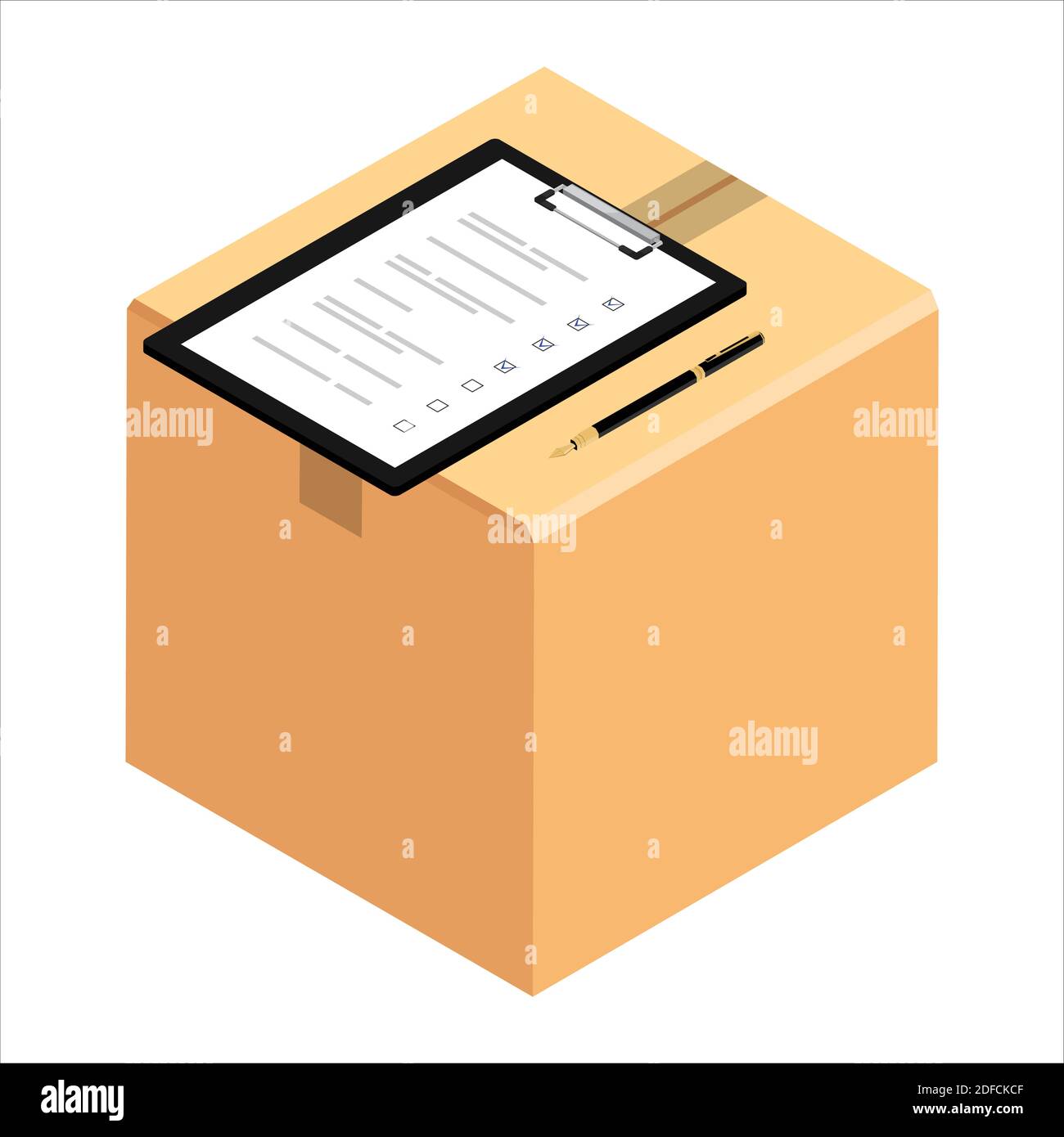 Closed cardboard box parcel with dispatch sheet invoice. Isolated on a ...