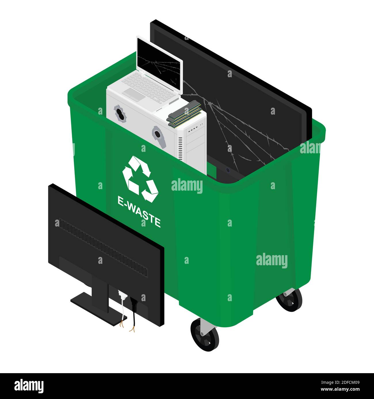 Electronic waste in green recycling garbage container can. Recycling ...