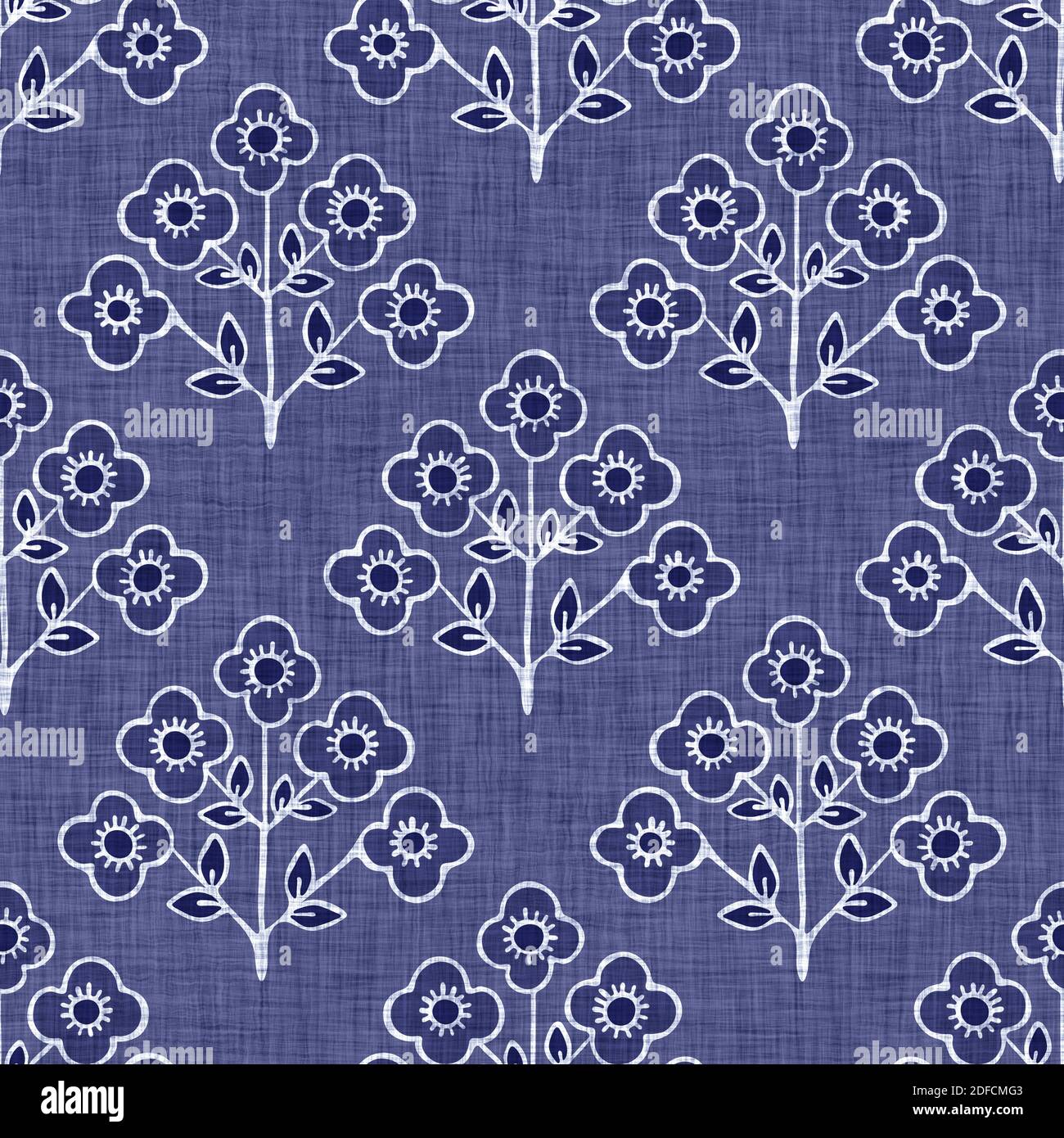 Indigo blue flower block print dyed linen texture background. Seamless ...