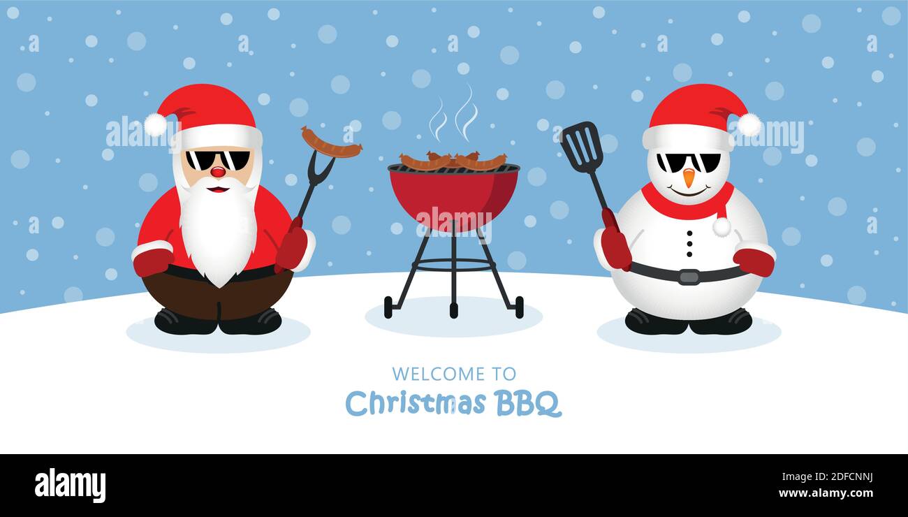 cute santa claus and snowman with sunglasses at christmas bbq vector ...