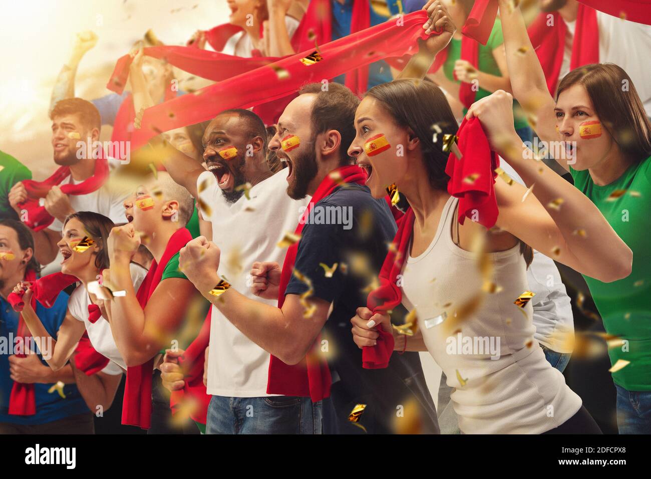 Group of happy fans cheering for their team victory. Male and female ...