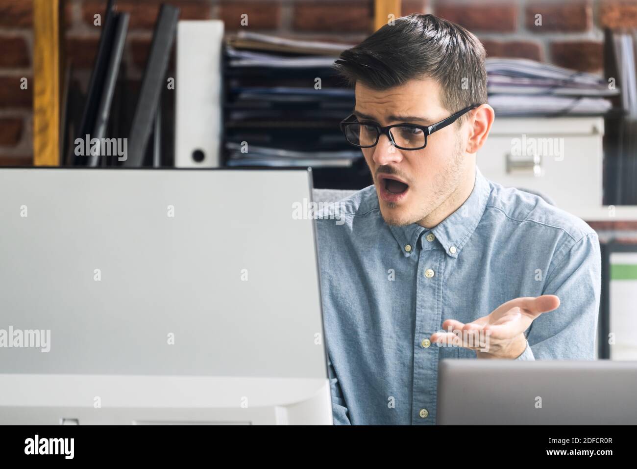 Workplace Quarrel. Angry Looking Man In Video Conference Stock Photo ...