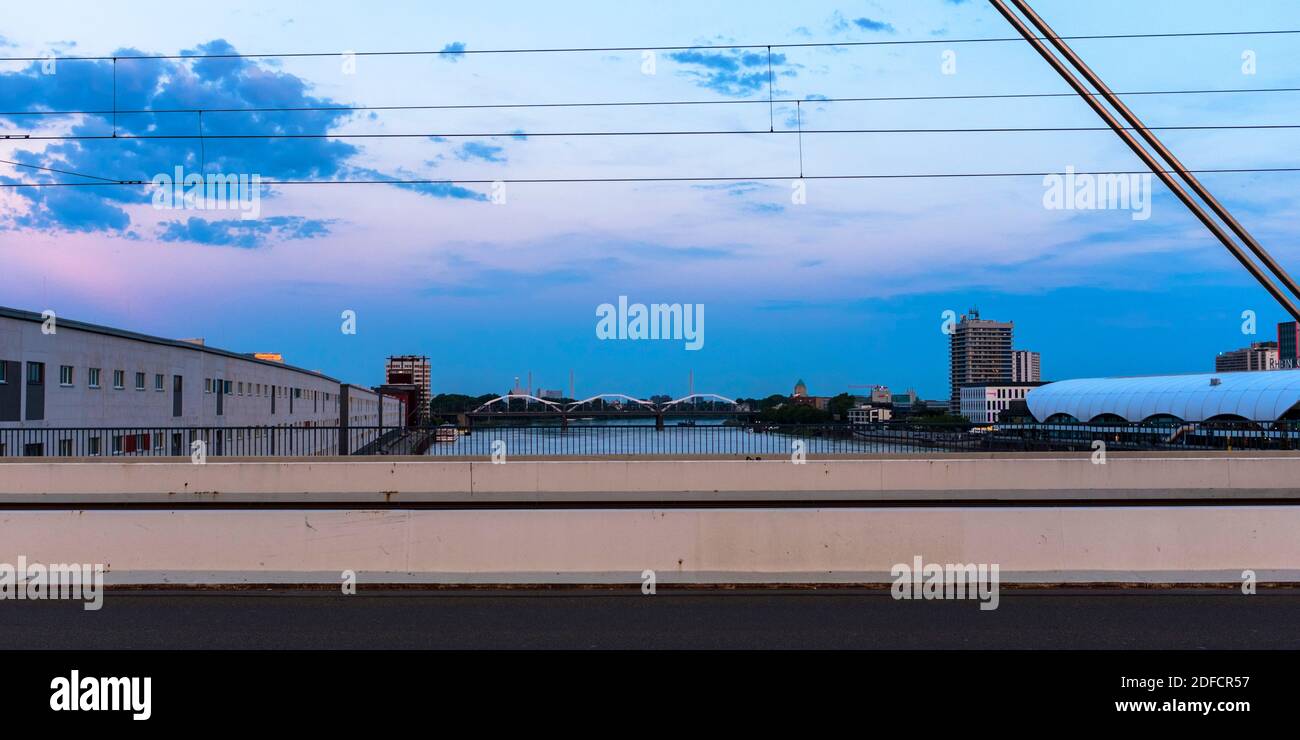 Rhein river with Mannheim and Ludwigshafen, seen from Schumacher bridge ...