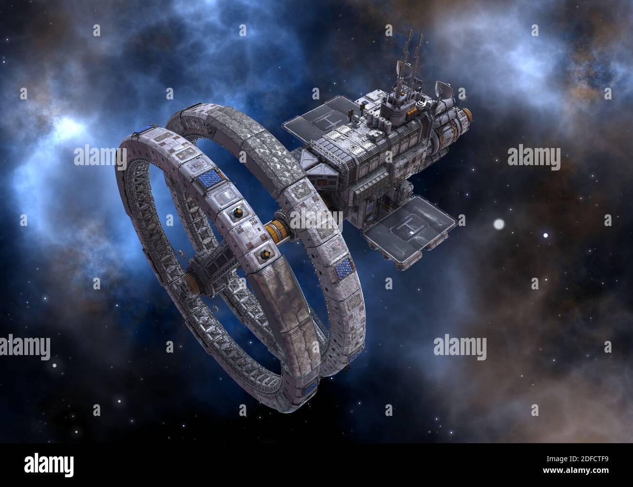 3D illustration future space station in deep space Stock Photo - Alamy