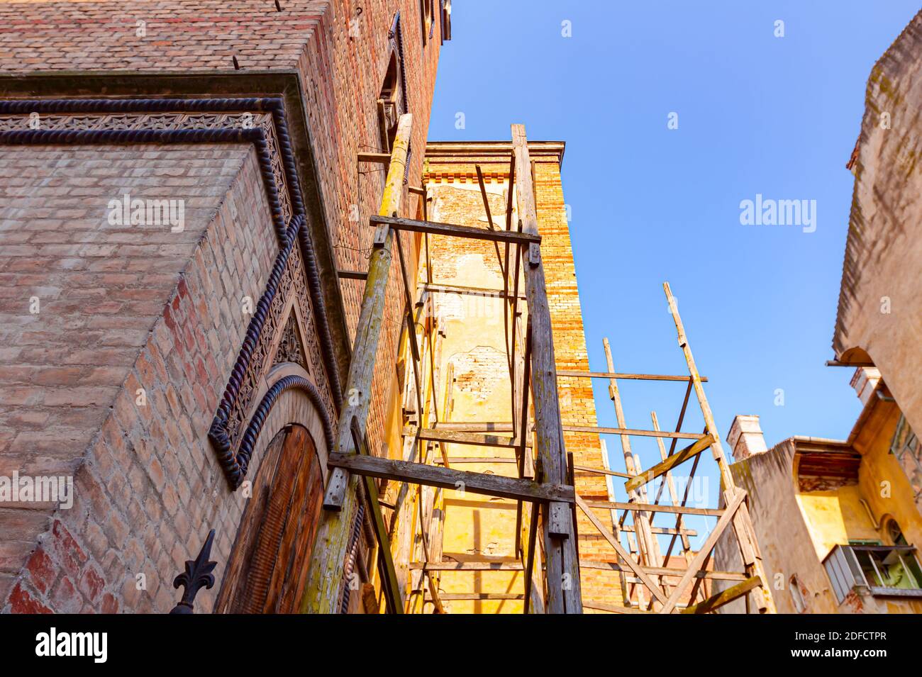 Side view on facade made of bricks with decorative texture, exterior of ...