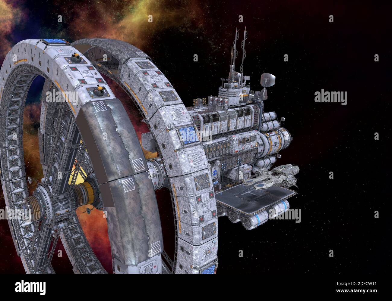 3D illustration future space station in deep space Stock Photo - Alamy