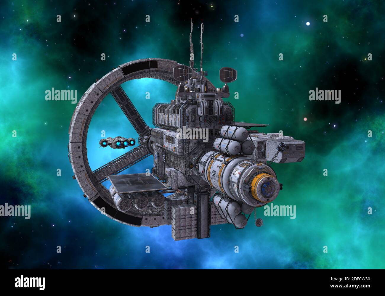 3D illustration future space station in deep space Stock Photo - Alamy