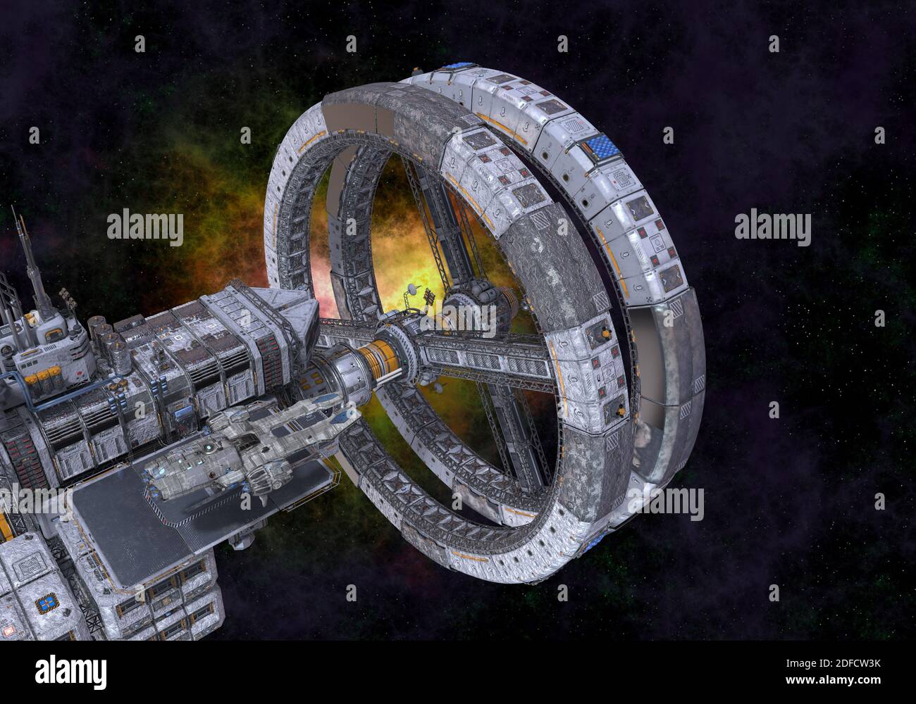 3D illustration future space station in deep space Stock Photo - Alamy