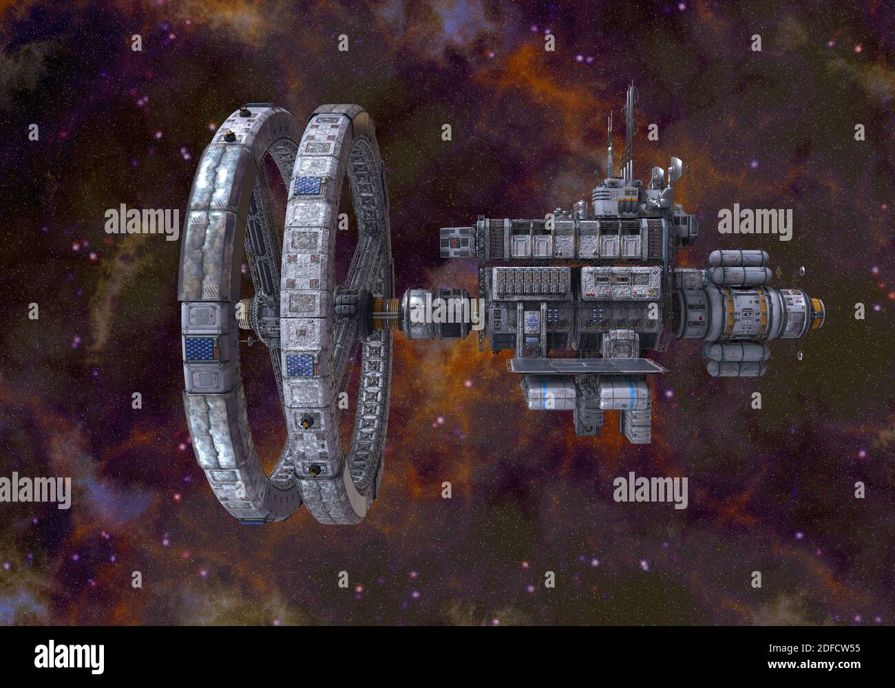 3D illustration future space station in deep space Stock Photo - Alamy