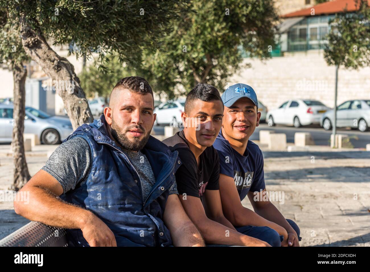 Three Palestine young men sitting at the park on the Mount of Olives ...