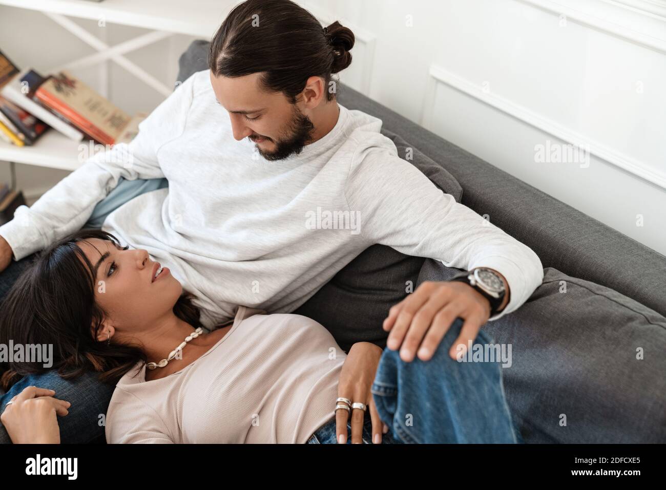 Photo of romantic happy beautiful couple hugging and talking while ...