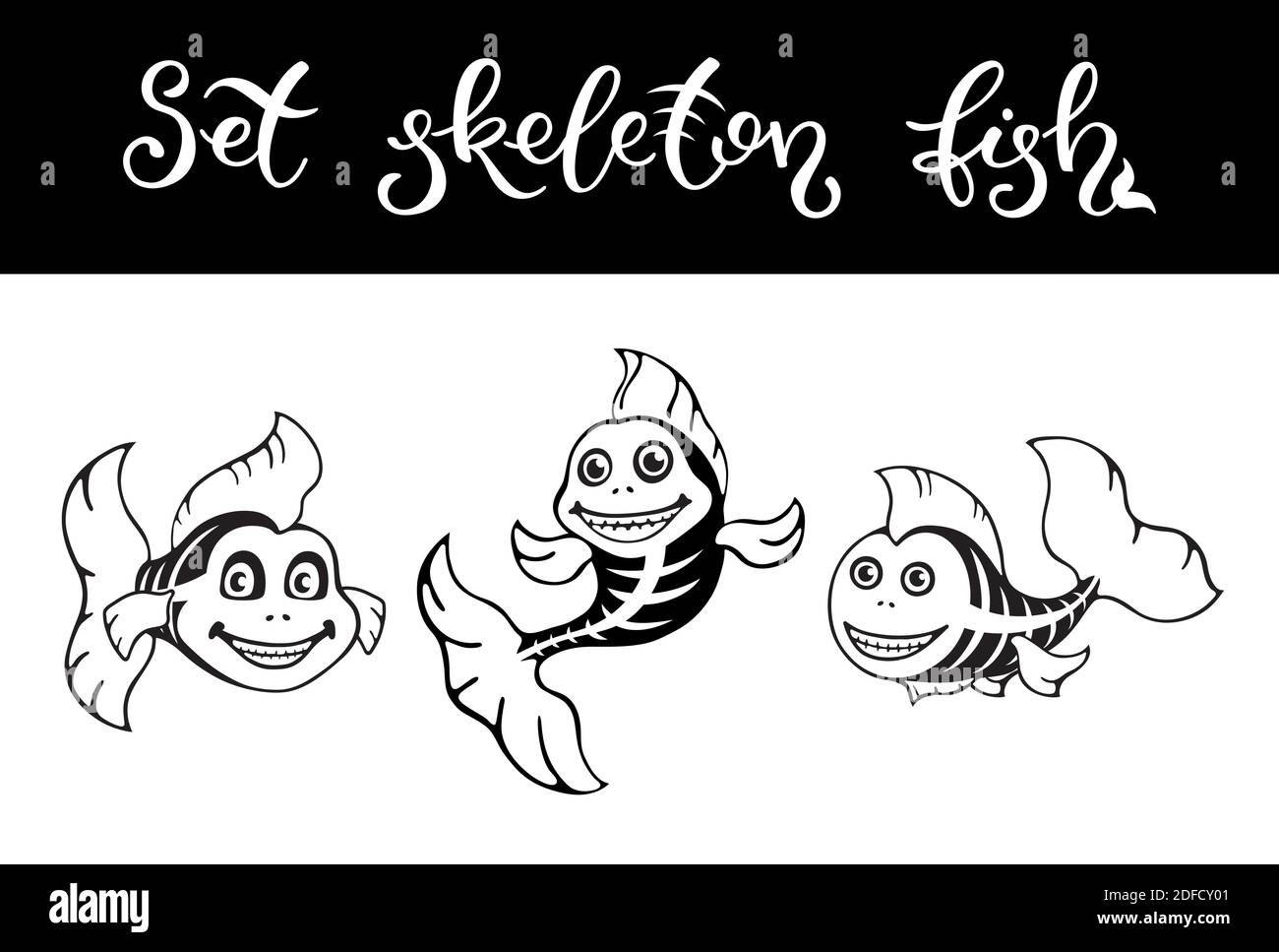 Cute set fish skeletons. Halloween template for print, pattern Stock ...