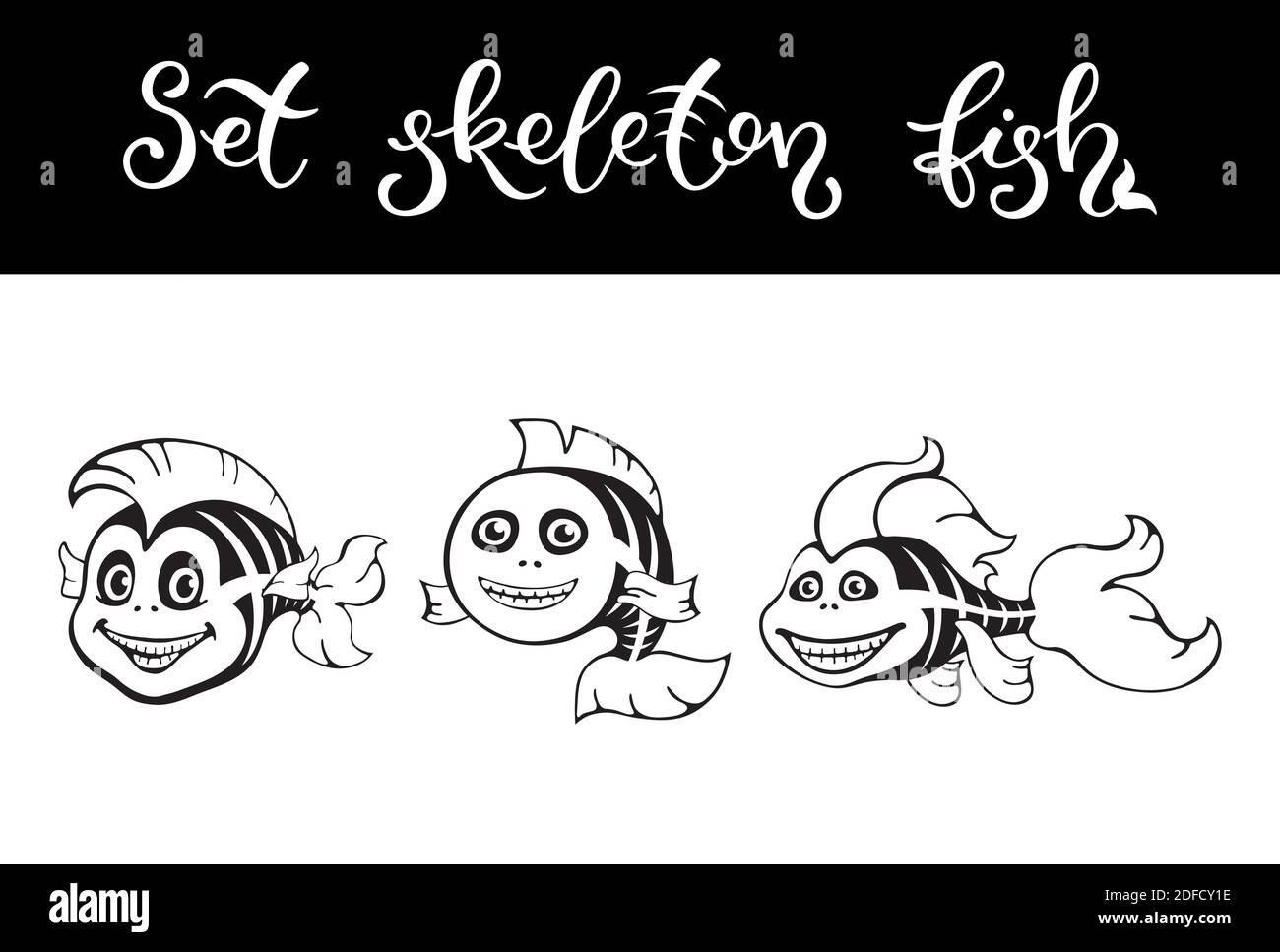Cute set fish skeletons. Halloween template for print, pattern Stock ...