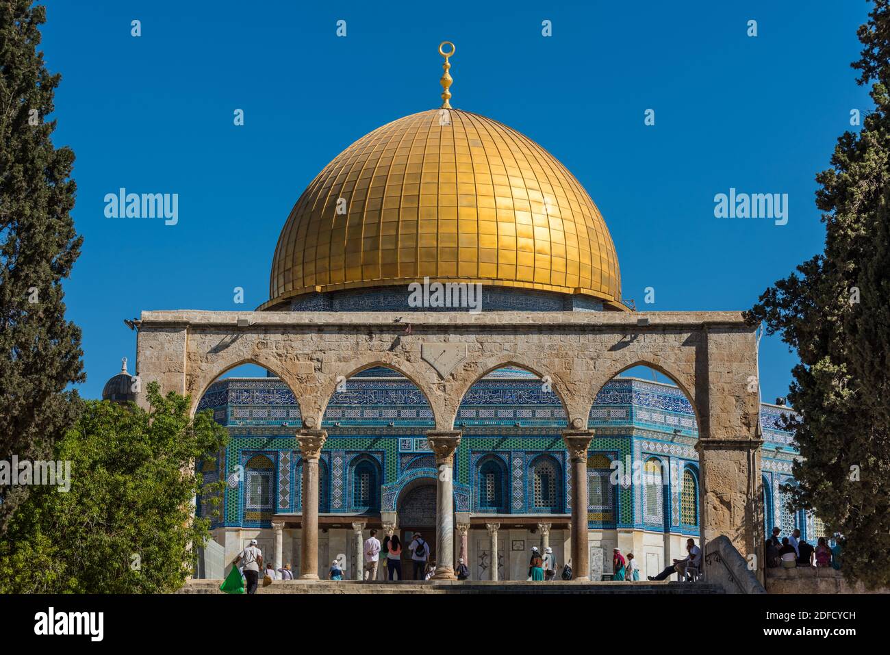 The Golden Dome of the Rock, or Qubbat al-Sakhra, and stone gate ruins ...