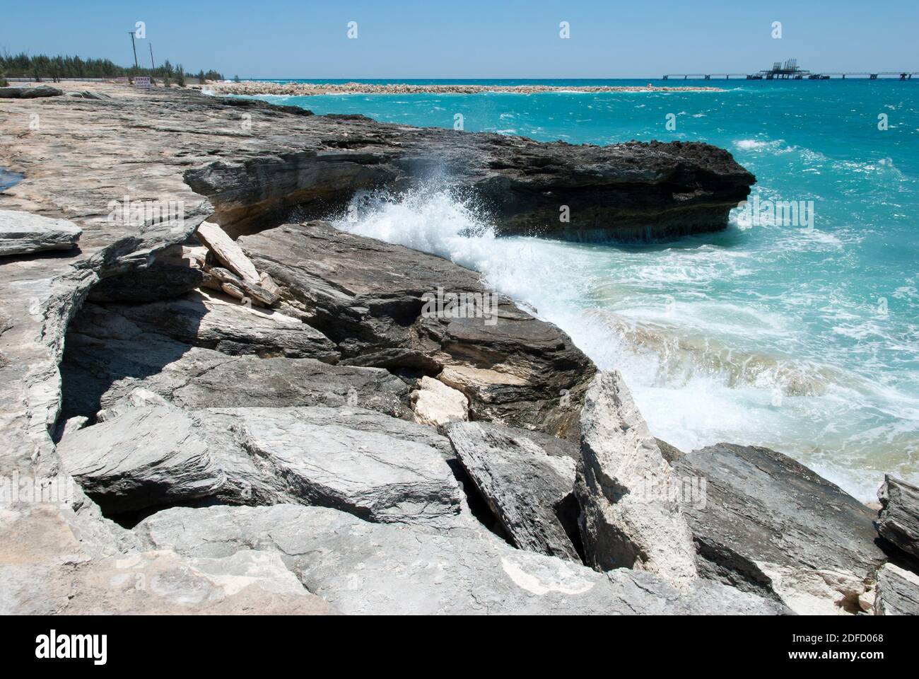 The wave hitting the eroded broken shore of Grand Bahama island Stock ...