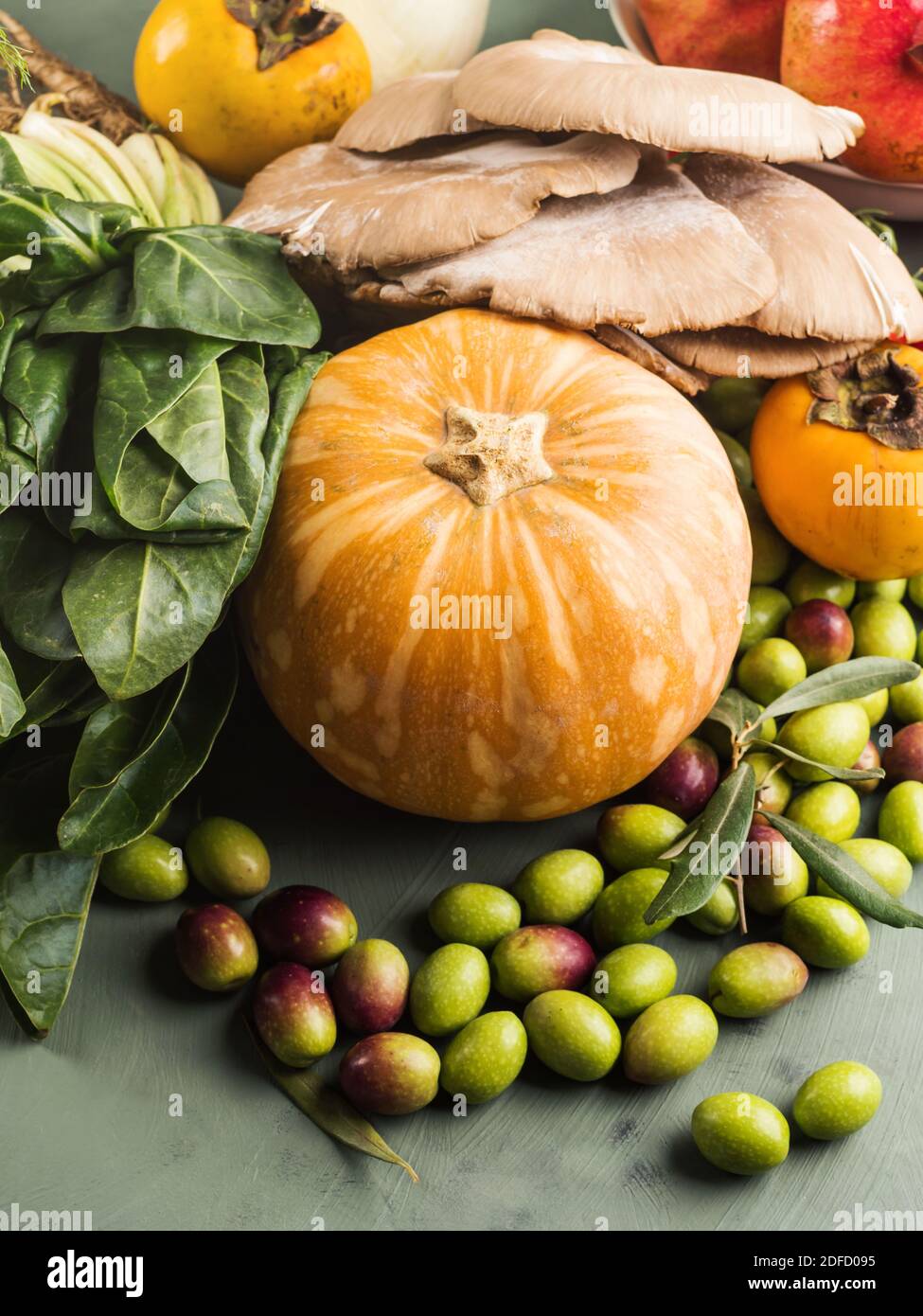 Green background with raw organic vegetable, fruit Stock Photo - Alamy