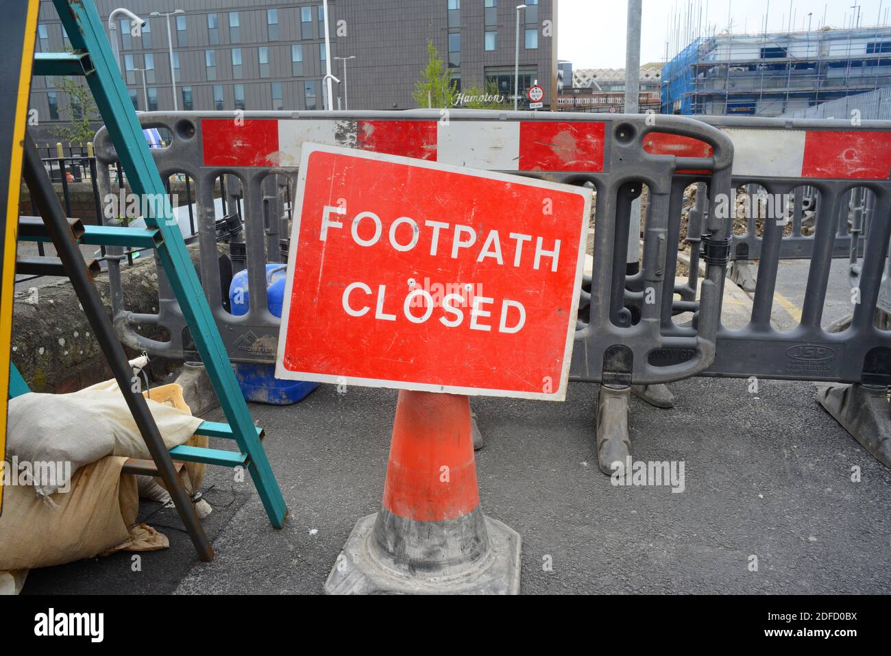 footpath closed warning sign for pedestrians at road works in Leeds ...