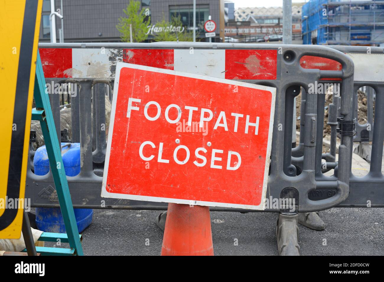 footpath closed warning sign for pedestrians at road works in Leeds ...