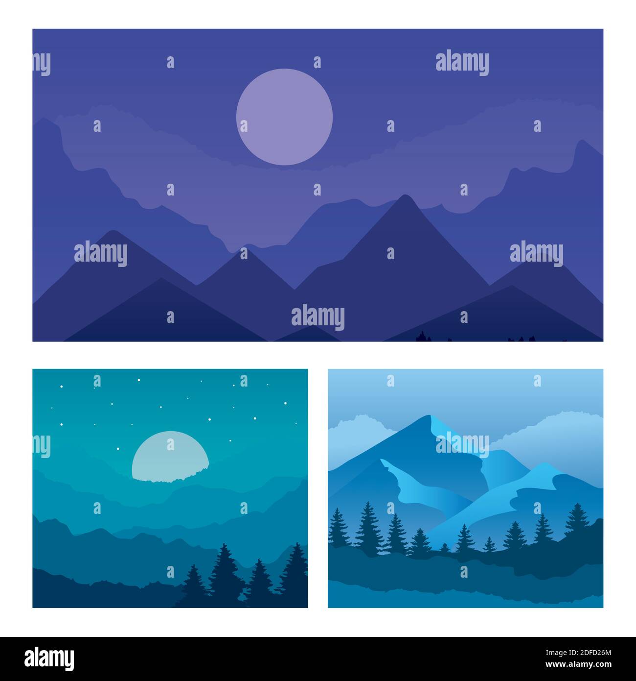 Landscape of mountains and pine trees frames symbol set vector design ...