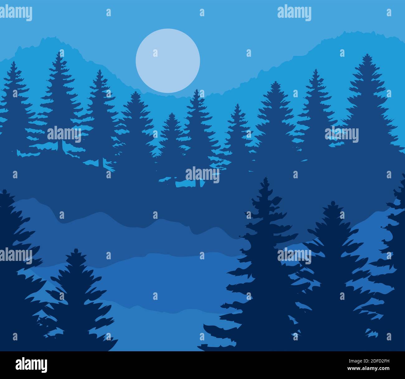 landscape of pine trees and moon on blue background vector design Stock ...
