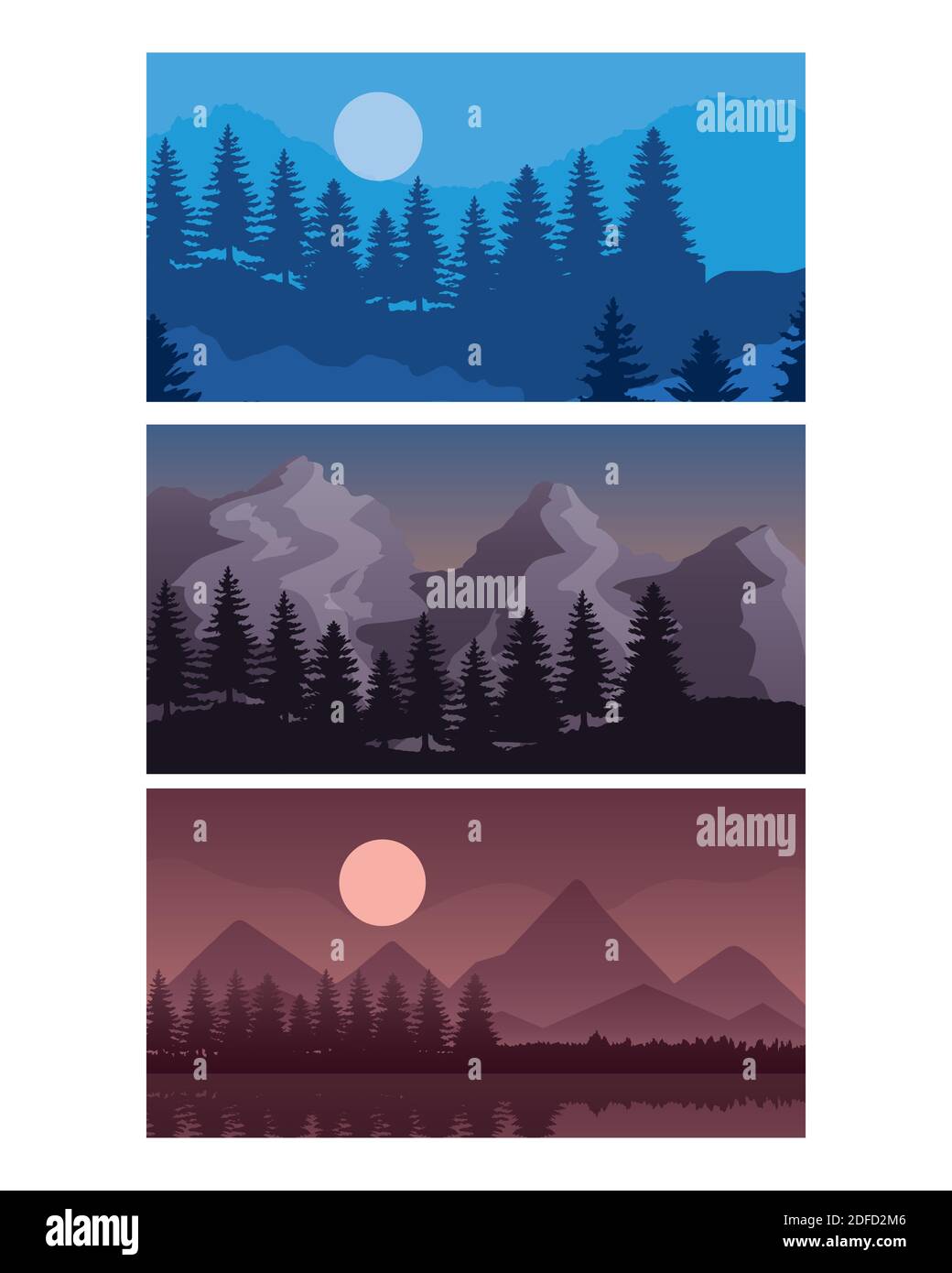 Landscape of mountains and pine trees frames icon collection vector ...